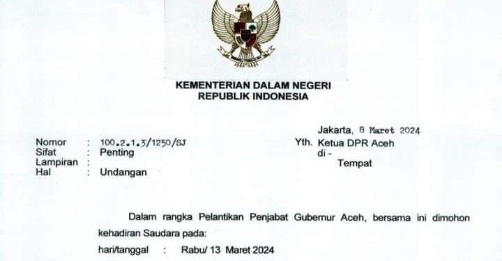 Kemendagri Undang Ketua DPRA Hadiri Pelantikan Pj Gubernur Aceh