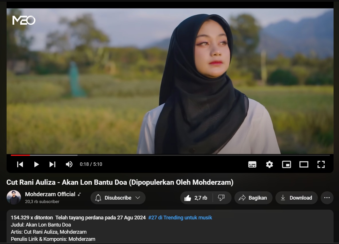 Lagu Aceh Cut Rani Auliza "Akan Lon Bantu Doa" Trending di YouTube