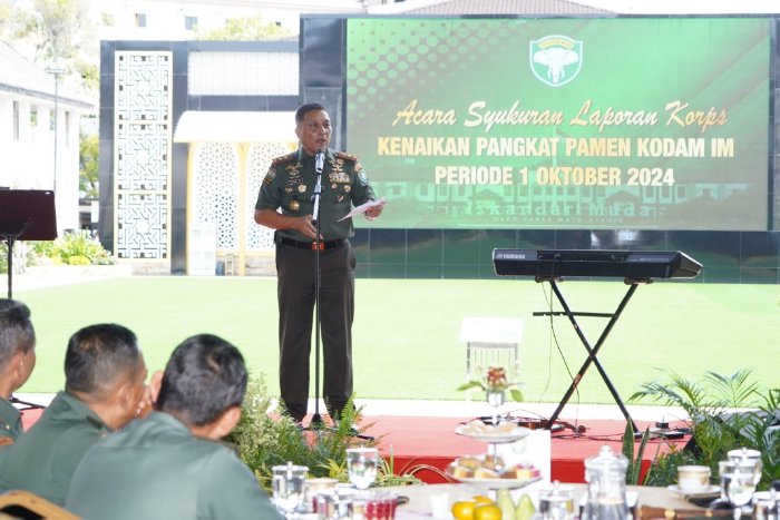 Pangdam IM Pimpin Acara Korps Rapot Kenaikan Pangkat 23 Personel