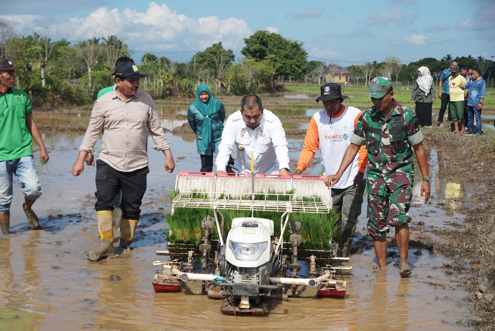 Pj Bupati Tanam Padi dengan Rice Transplanter di Gampong Bueng